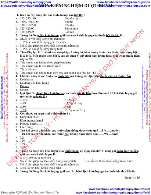 TrẮc NghiỆm MÔn KiỂm NghiỆm DƯỢc PhẨm 100 CÂu HỎi CÓ ĐÁp Án