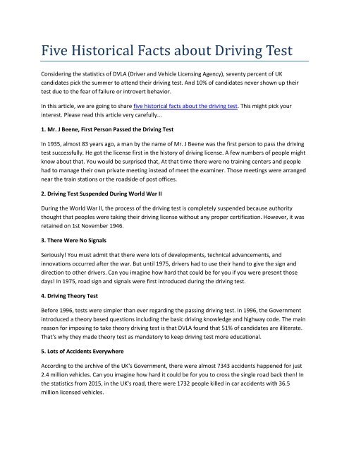 Five Historical Facts about Driving Test