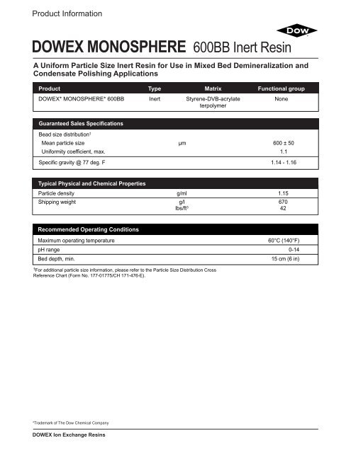 DOWEX MONOSPHERE 600BB Inert Resin
