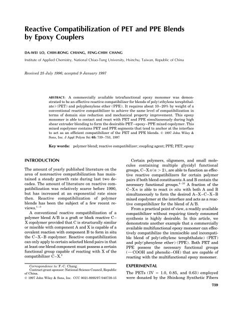 Reactive Compatibilization of PET and PPE Blends by Epoxy Couplers