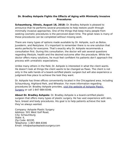 Dr. Bradley Ashpole Fights the Effects of Aging with Minimally Invasive ...