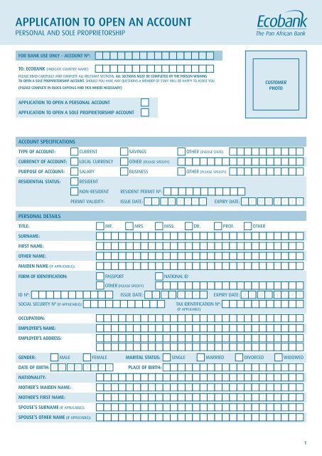 APPLICATION TO OPEN AN ACCOUNT - Ecobank