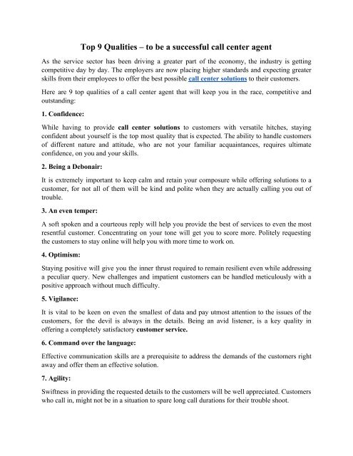 Top 9 Qualities – to be a successful call center agent