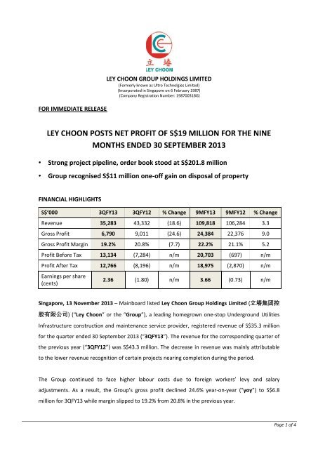 Ley Choon Posts Net Profit of S$19 Million for the Nine Months Ended 30 ...
