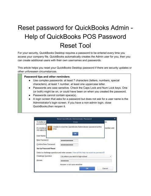 Reset password for QuickBooks Admin - Help of QuickBooks POS Password Reset Tool
