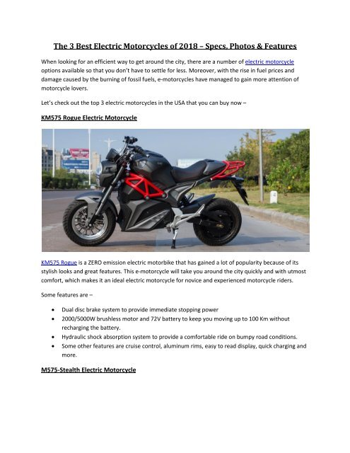 The 3 Best Electric Motorcycles of 2018 – Specs, Photos & Features