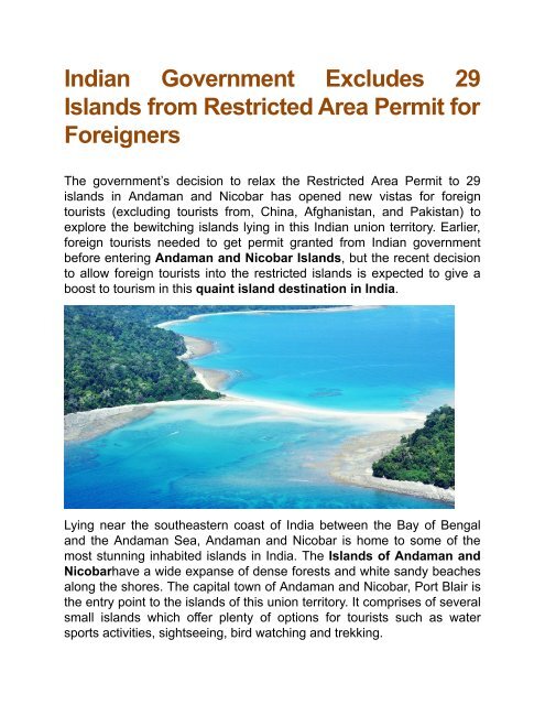 Indian Government Excludes 29 Islands from Restricted Area Permit for ...