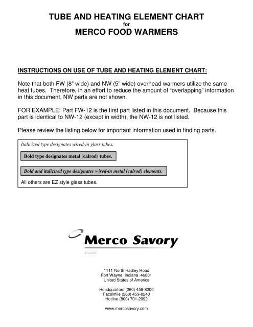 TUBE AND HEATING ELEMENT CHART MERCO FOOD WARMERS