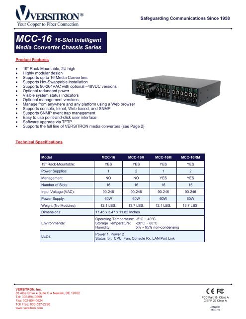 MCC-16 Media Converter Chassis Data Sheet - Versitron