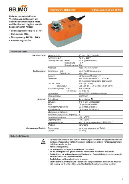 Technisches Datenblatt Federrücklaufantrieb TF230 - Belimo