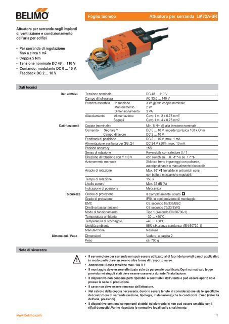Foglio tecnico Attuatore per serranda LM72A-SR - Belimo