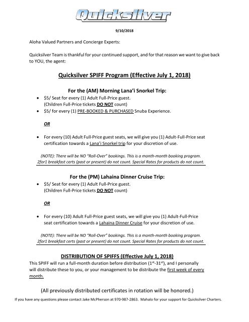 Quicksilver SPIFF Program