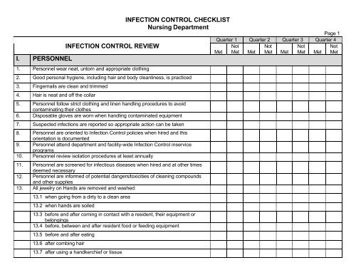 INFECTION CONTROL CHECKLIST Nursing Department ...