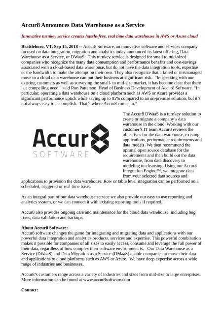 Accur8 Announces Data Warehouse as a Service