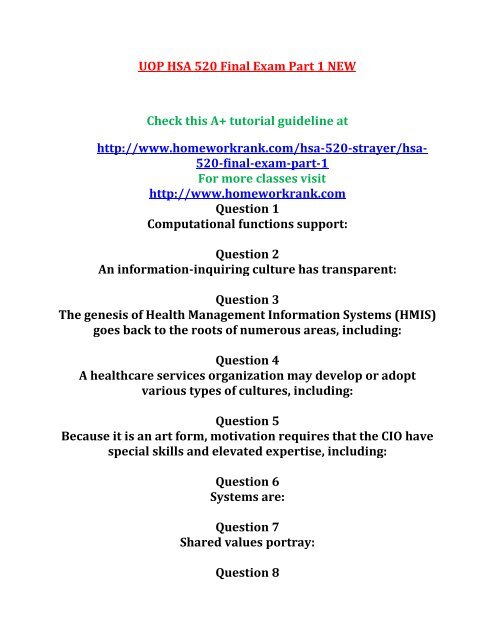 UOP HSA 520 Final Exam Part 1 NEW