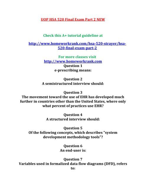 UOP HSA 520 Final Exam Part 2 NEW