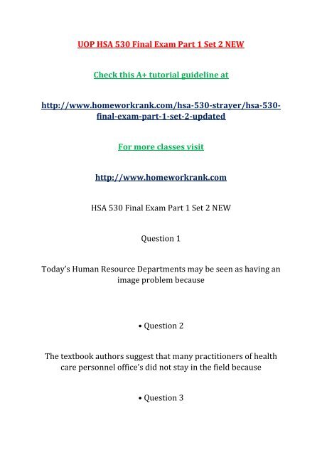 UOP HSA 530 Final Exam Part 1 Set 2 NEW