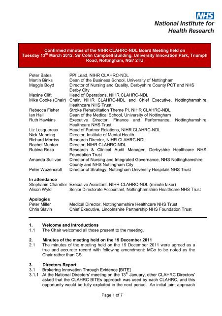 Peter Bates PPI Lead, NIHR CLAHRC-NDL Martin Binks Dean of the ...