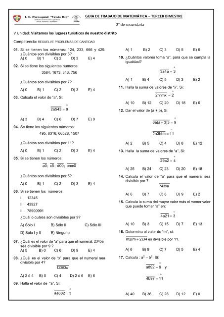 GUIA DE TRABAJO DE MATEMÁTICA n° 4- ARITMETICA -DIVISIBILIDAD - 2do sec