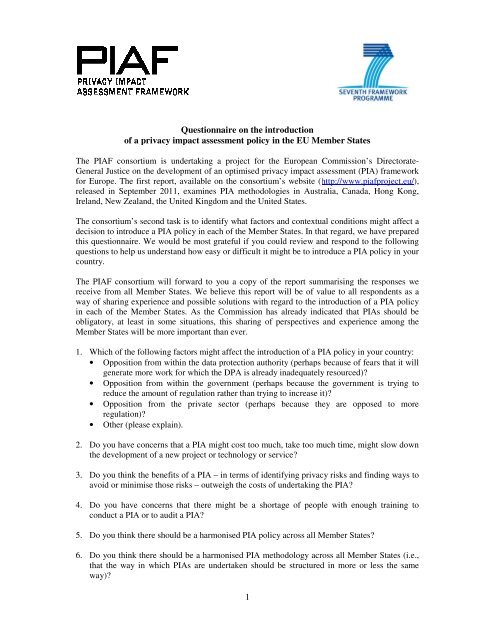 Questionnaire o of a privacy impact assessment The PIAF ...