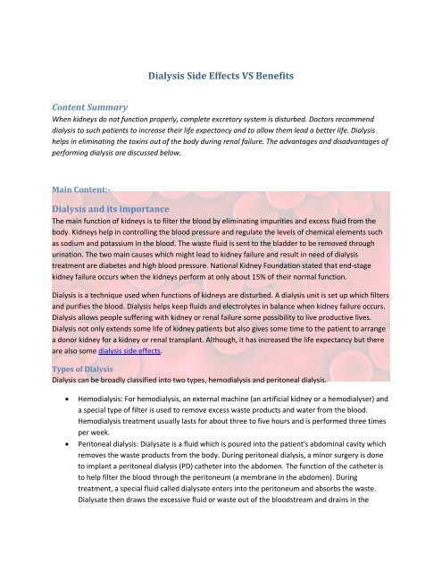 Dialysis Side Effects VS Benefits