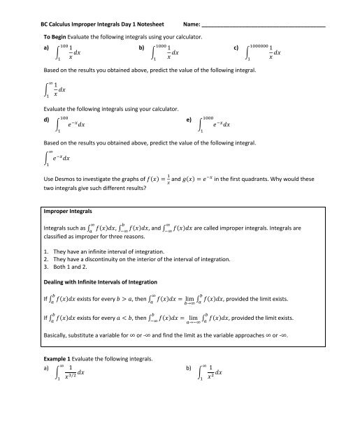 BCCALC Improper Integrals Day 1 Notesheet
