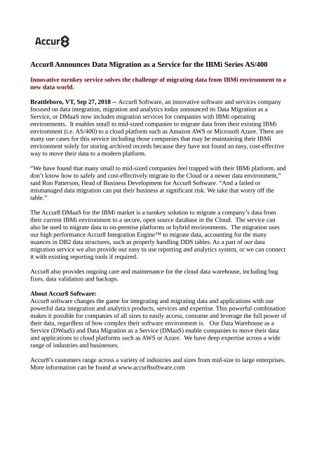 Accur8 Announces Data Migration as a Service for the IBMi Series AS 400