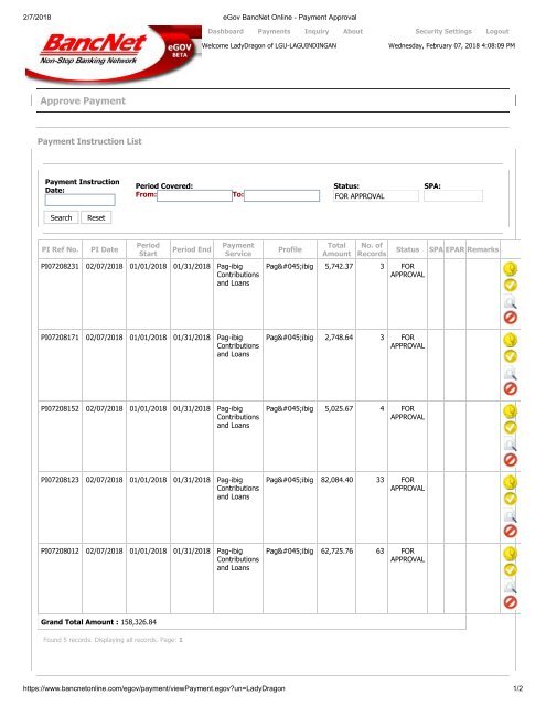 eGov BancNet Online - Payment Approval - for Authorization