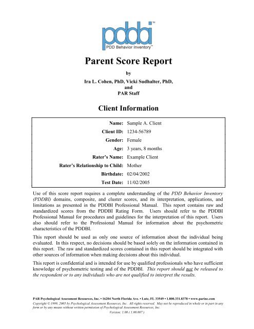PDDBI Parent Score Report - Psychological Assessment Resources ...