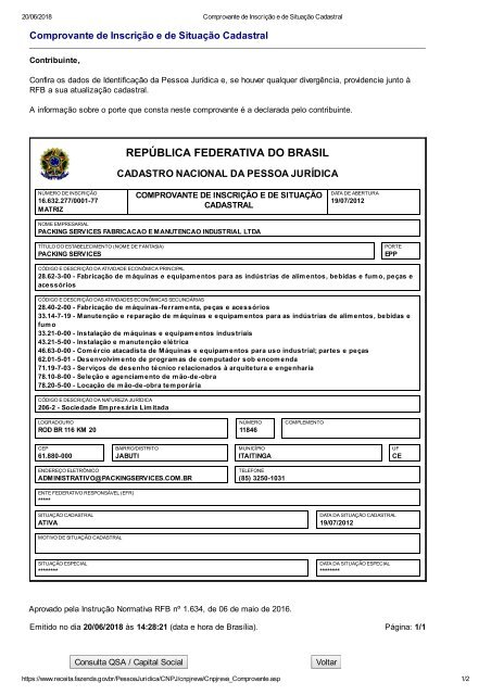 Comprovante de Inscrição e de Situação Cadastral Comprovante de Inscrição e de Situação Cadastral