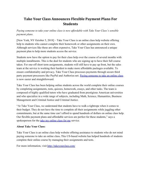 Take Your Class Announces Flexible Payment Plans For Students