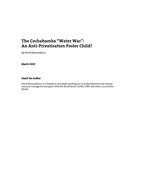 The Cochabamba “Water War”: An Anti-Privatisation Poster Child?