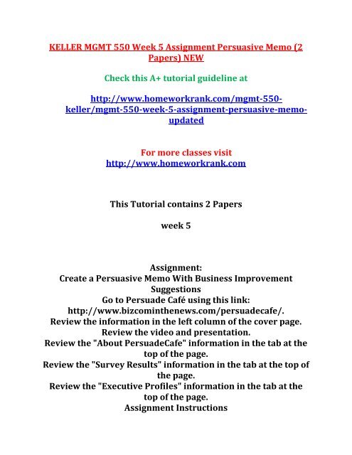 KELLER MGMT 550 Week 5 Assignment Persuasive Memo