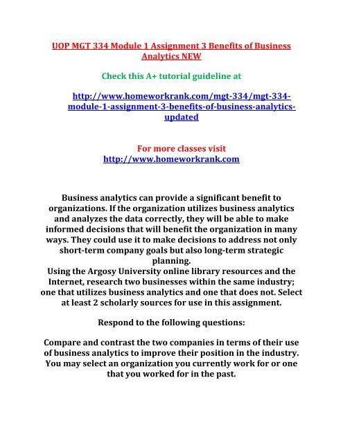 UOP MGT 334 Module 1 Assignment 3 Benefits of Business Analytics NEW