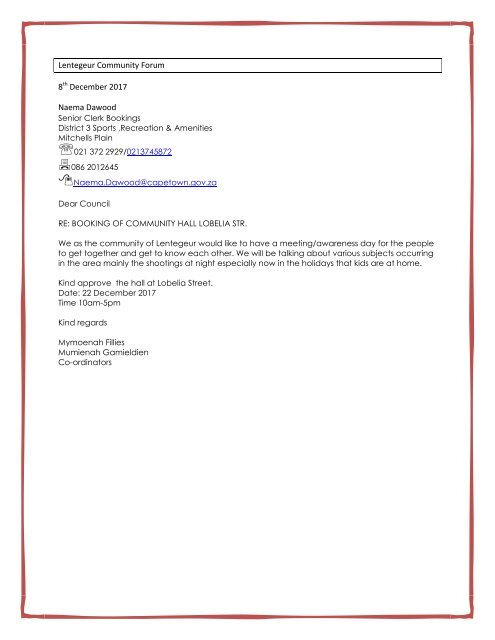 Lentegeur Community Letter