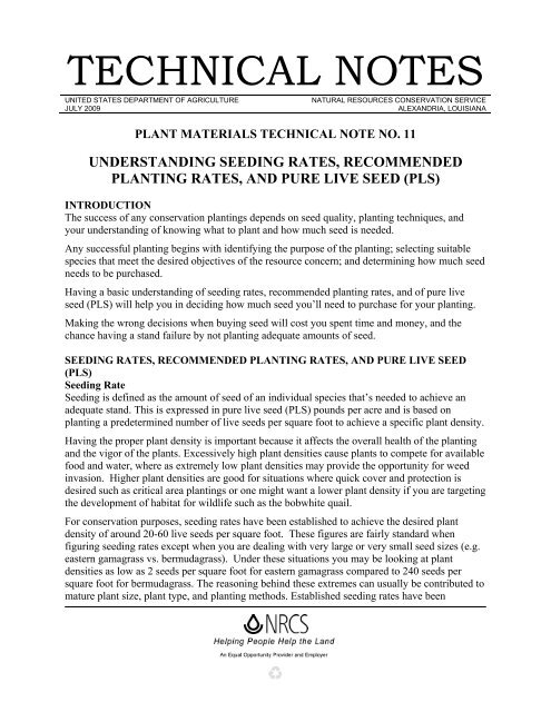 UNDERSTANDING SEEDING RATES - Plant Materials Program