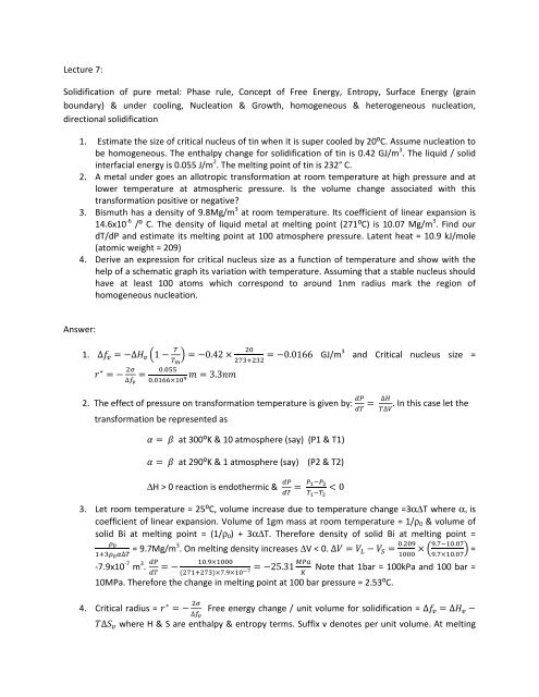 Lecture 7: Solidification of pure metal: Phase rule, Concept of ... - nptel