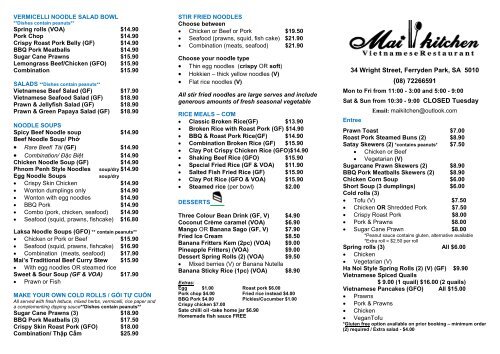 Mai Kitchen Takeaway Menu
