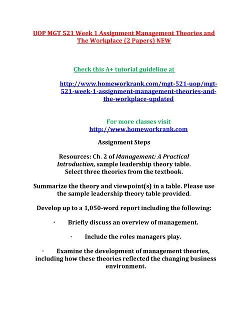 UOP MGT 521 Week 1 Assignment Management Theories and The Workplace