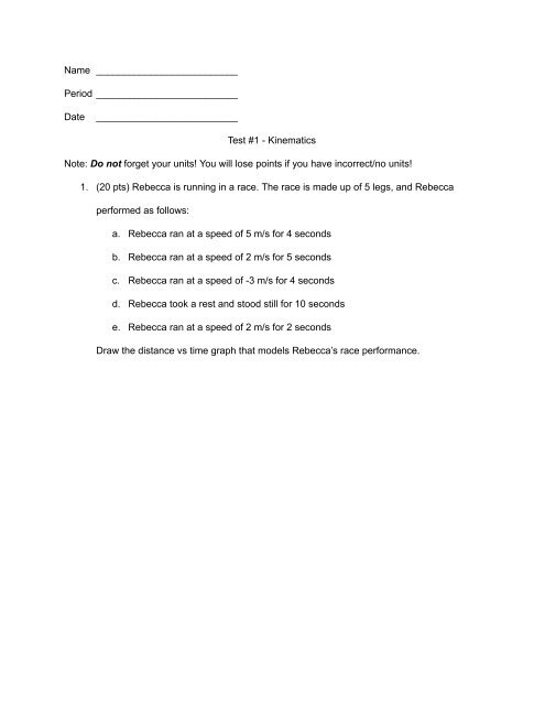 Test 1 Position Velocity And Acceleration