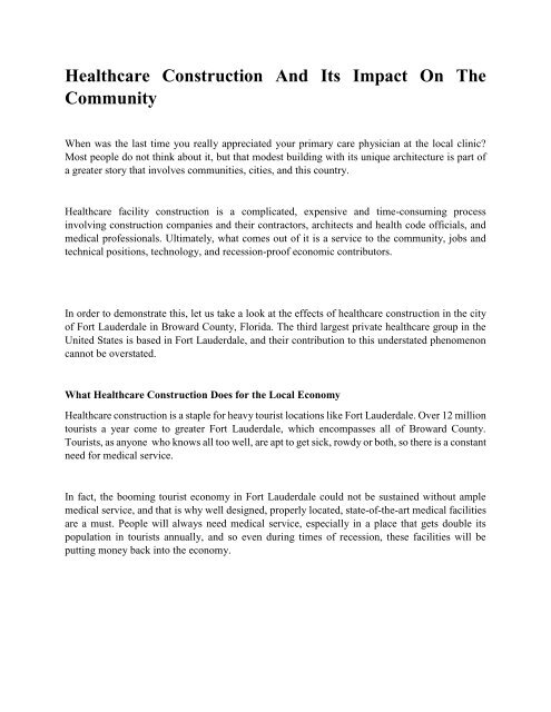 Healthcare Construction And Its Impact On The Community
