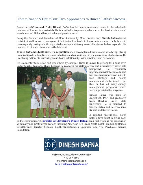 Commitment & Optimism Two Approaches to Dinesh Bafna’s Success