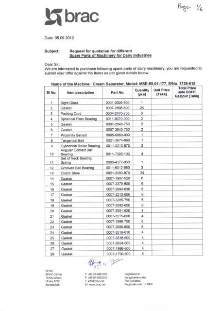 RFQ for Dairy spare parts - Brac