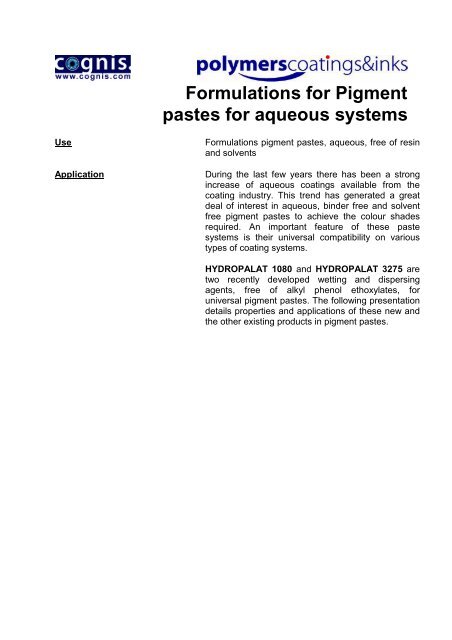 Cognis Formulations For Pigment Past