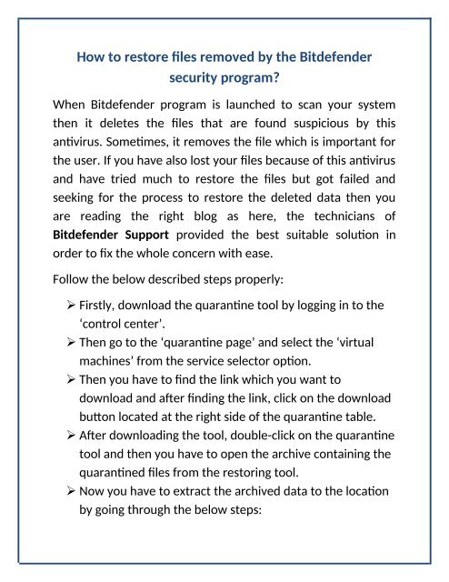 How to restore files removed by the Bitdefender security program?