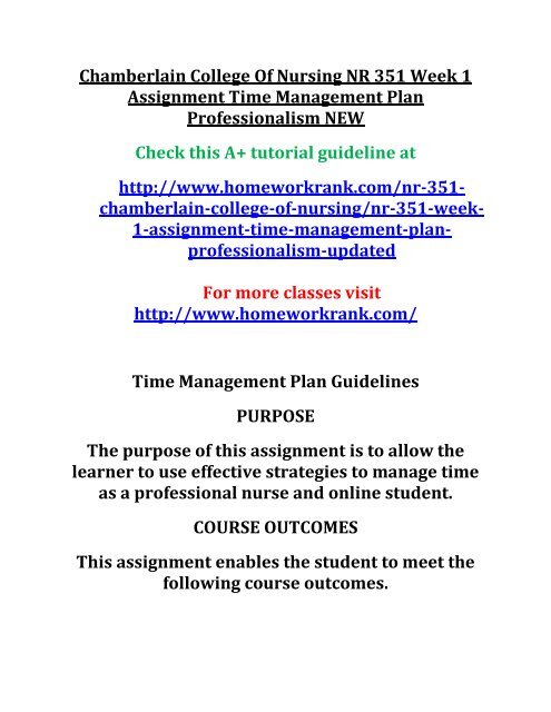 Chamberlain College Of Nursing NR 351 Week 1 Assignment Time Management ...