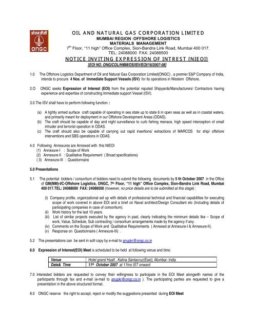 oil and natural gas corporation limited notice inviting ... - ONGC Tender
