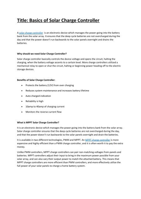 Basics of Solar Charge Controller