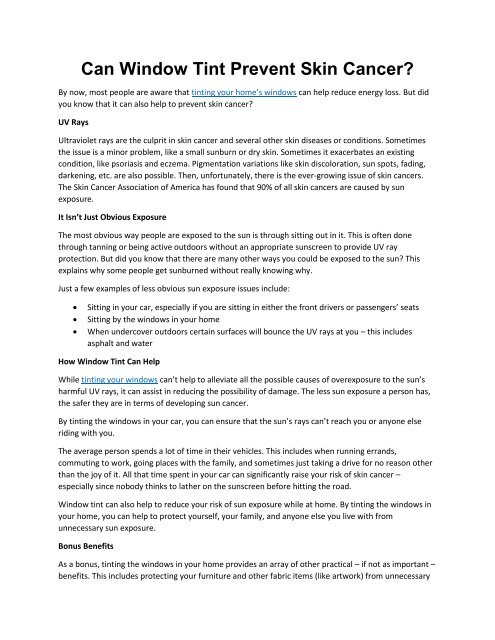 Can Window Tint Prevent Skin Cancer?