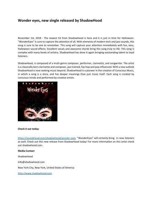 Wonder eyes, new single released by ShadowHood